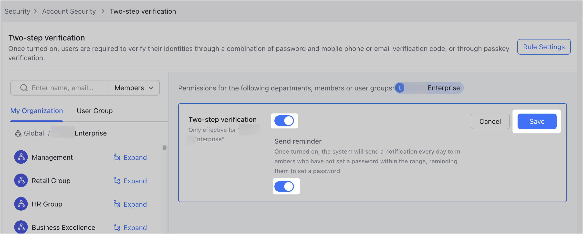 Admin | Enable two-step verification for organization members
