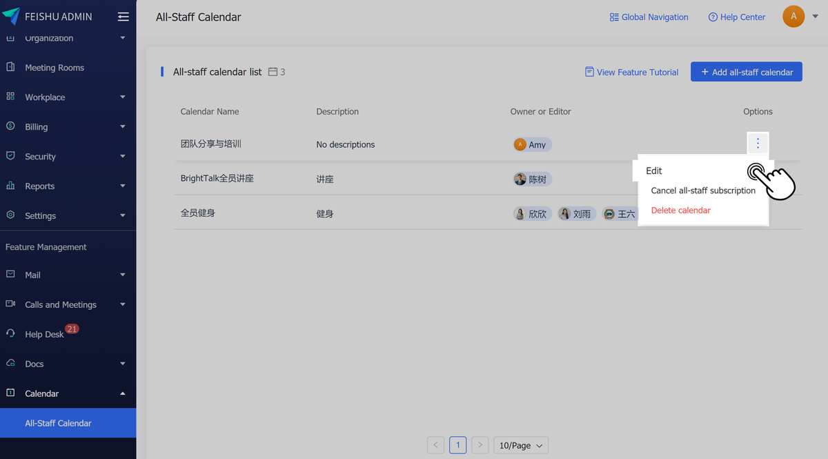 Admin | Create and manage all-staff calendars