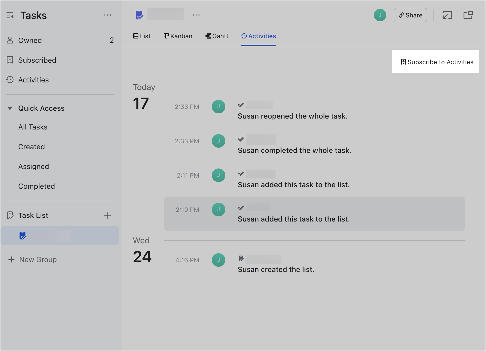 View task list activities and configure push rules