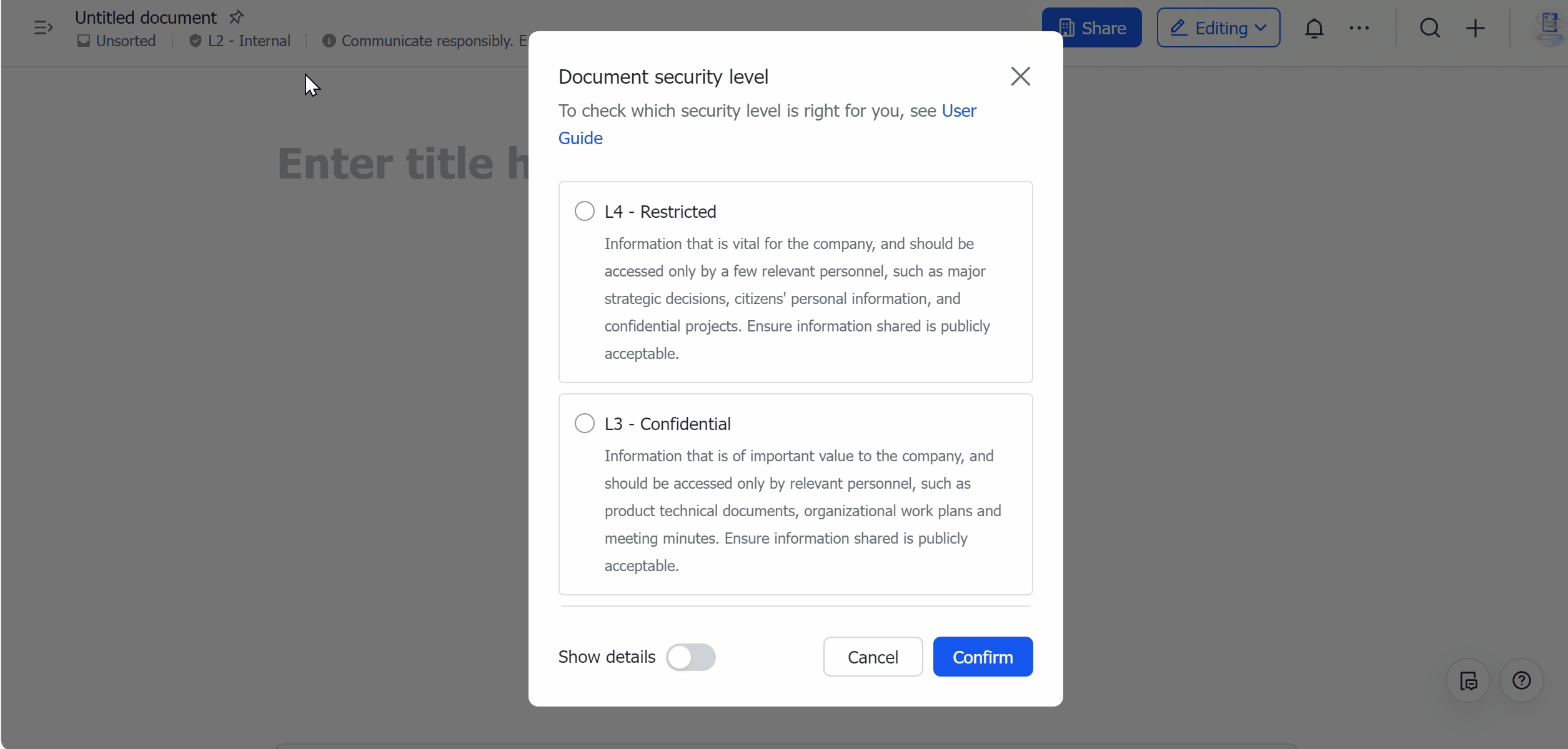 Set or adjust security levels for documents