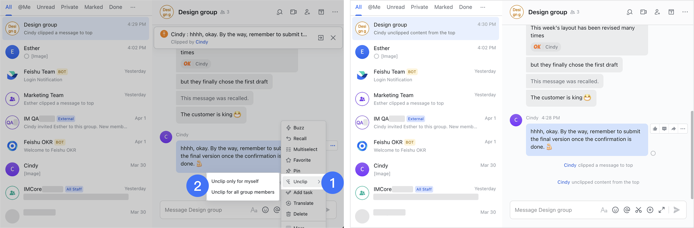 Clip important messages to top in chats