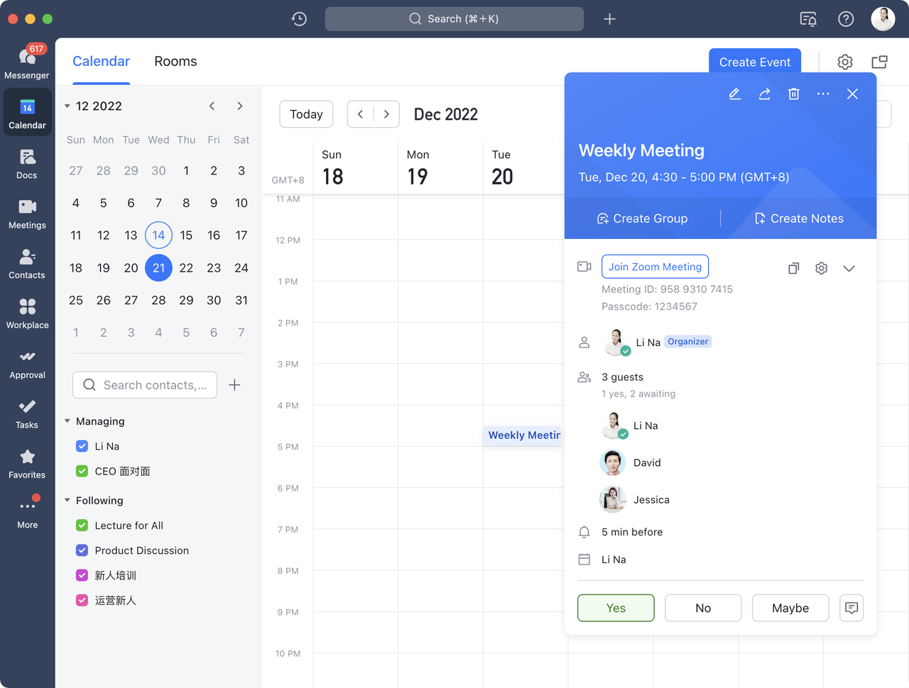 Create Zoom meetings from Feishu Calendar