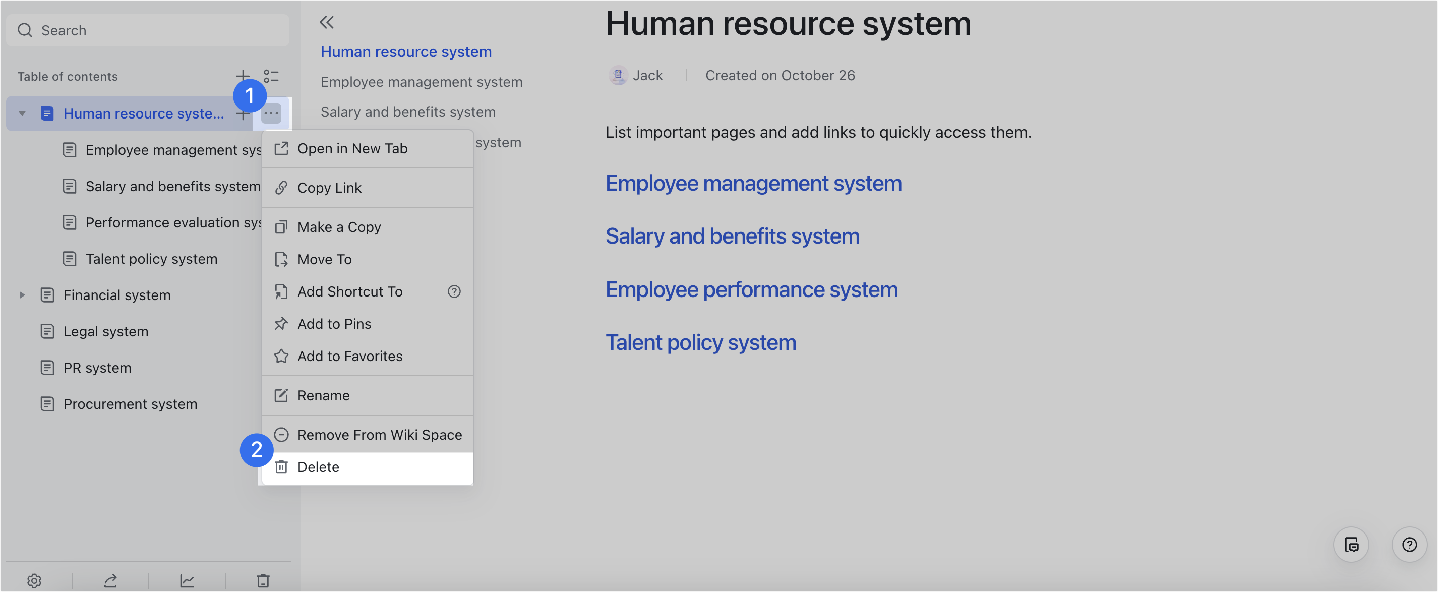 Delete and restore wiki space pages