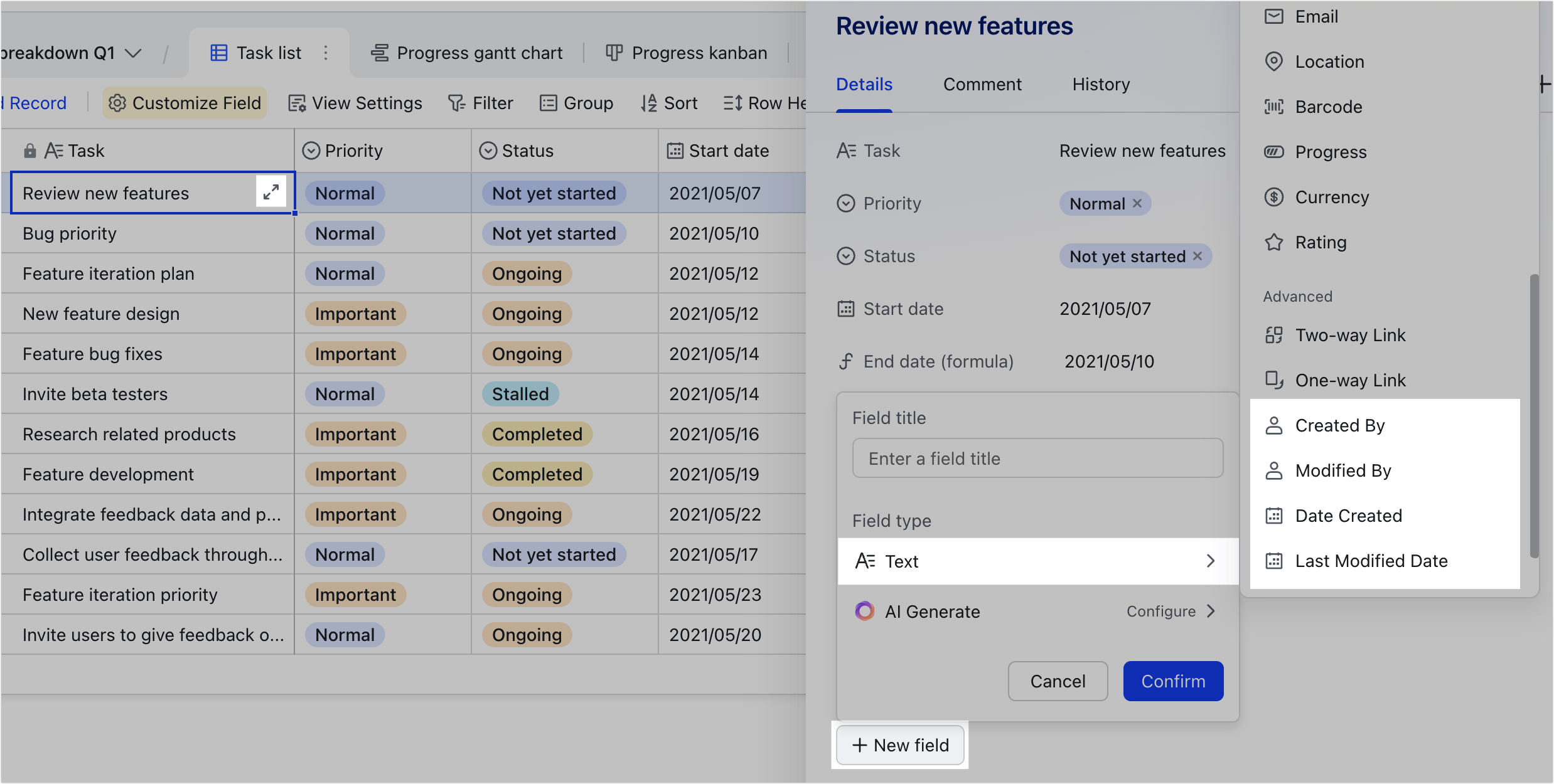 Use advanced fields in Base