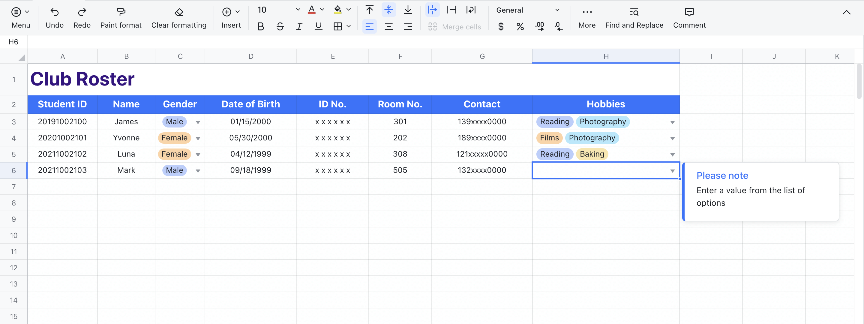 Use drop-down list in Sheets