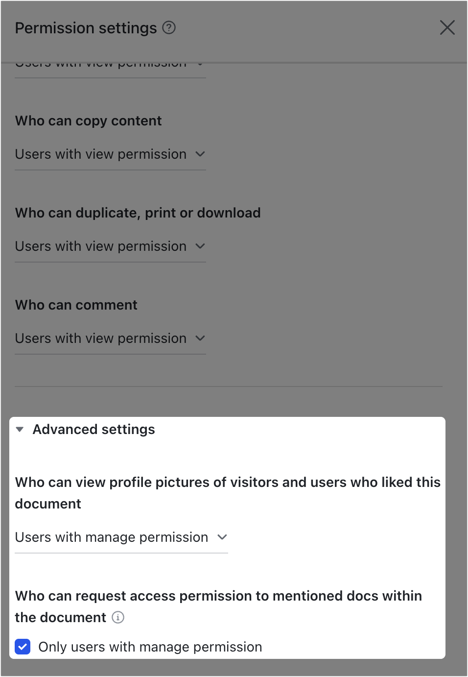 Set share, copy, download, and comment permissions for documents