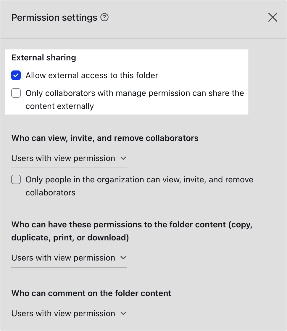 Set share, copy, download, and comment permissions for folders