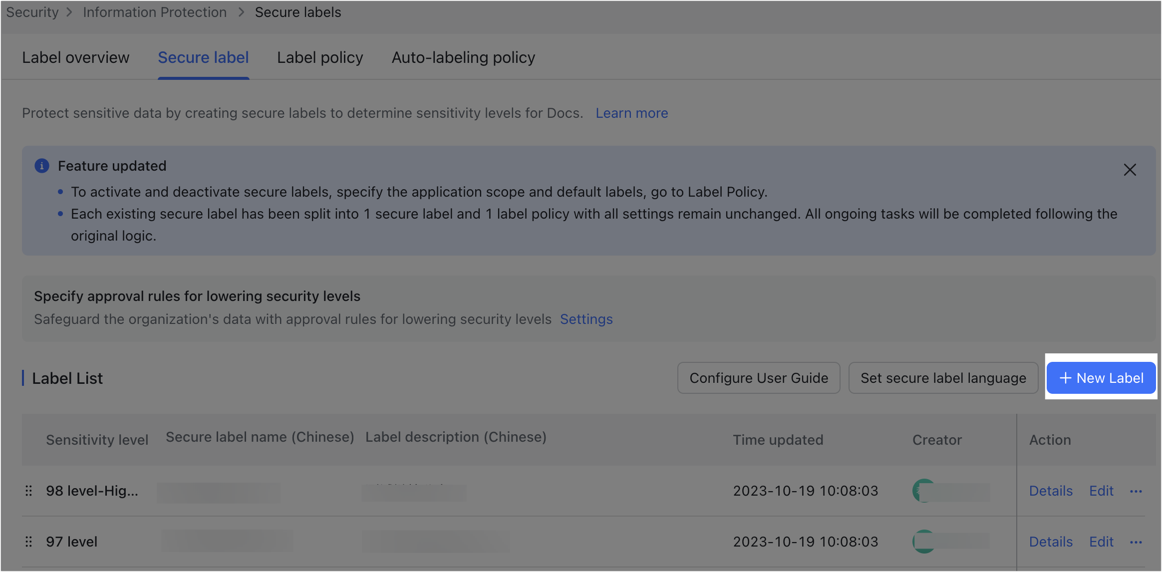 Admin | Create secure labels and label policies