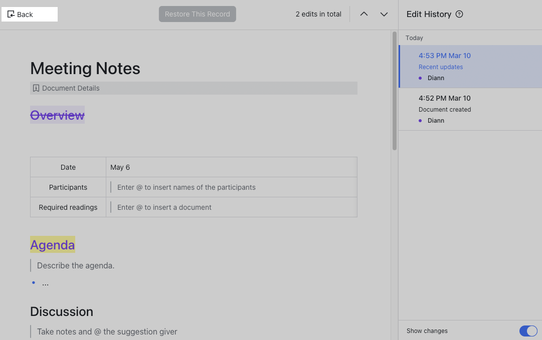 View and restore edit history in Docs