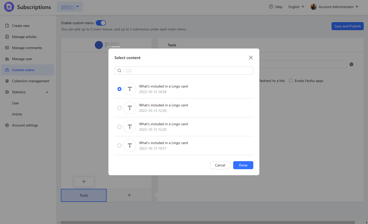 Admin | Set up custom menus on the Subscriptions accounts homepage