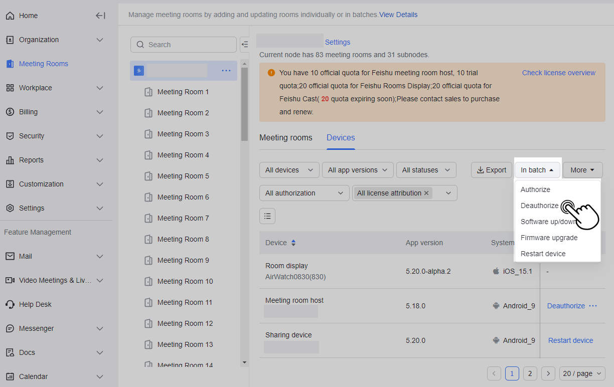 Manage meeting room license authorizations