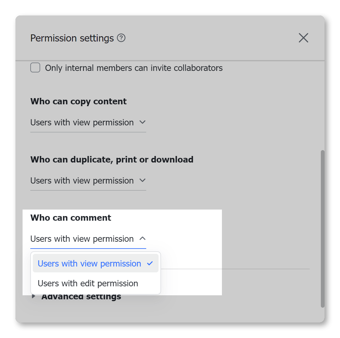 Set Docs comment, share and download permissions
