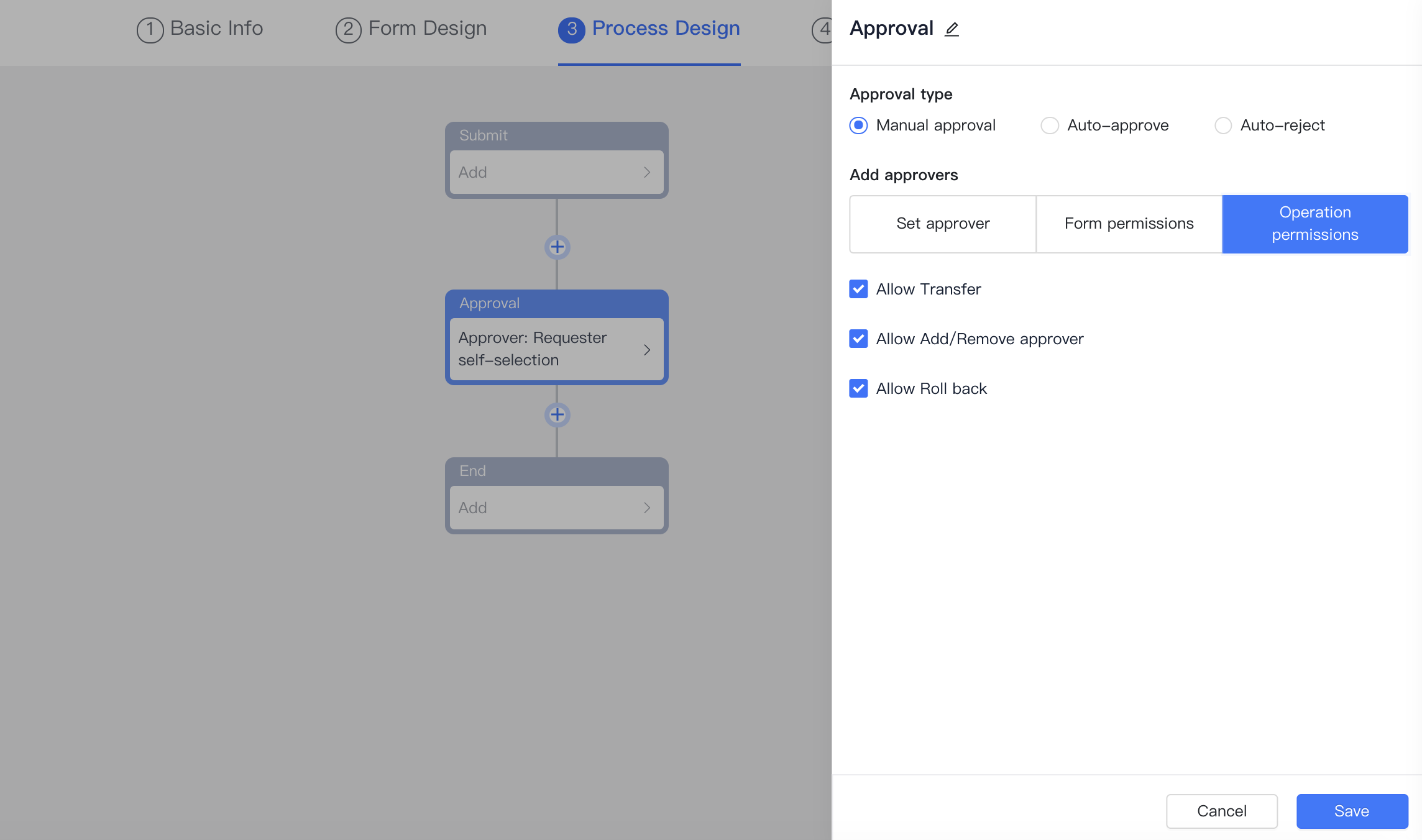 Transfer, add/remove approvers, and roll back