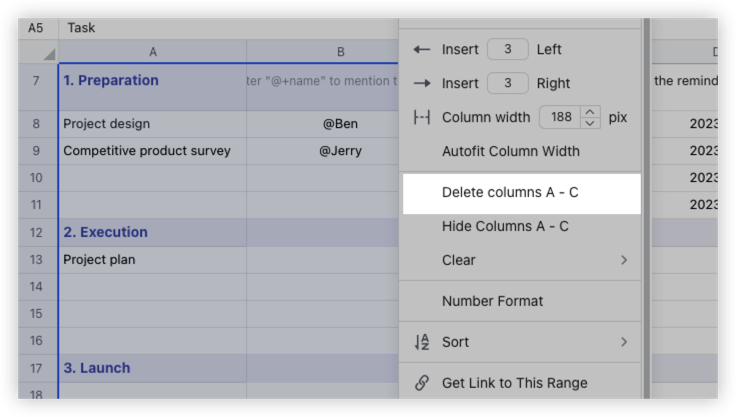Insert rows, columns, and cells, and adjust row height/column width in Sheets