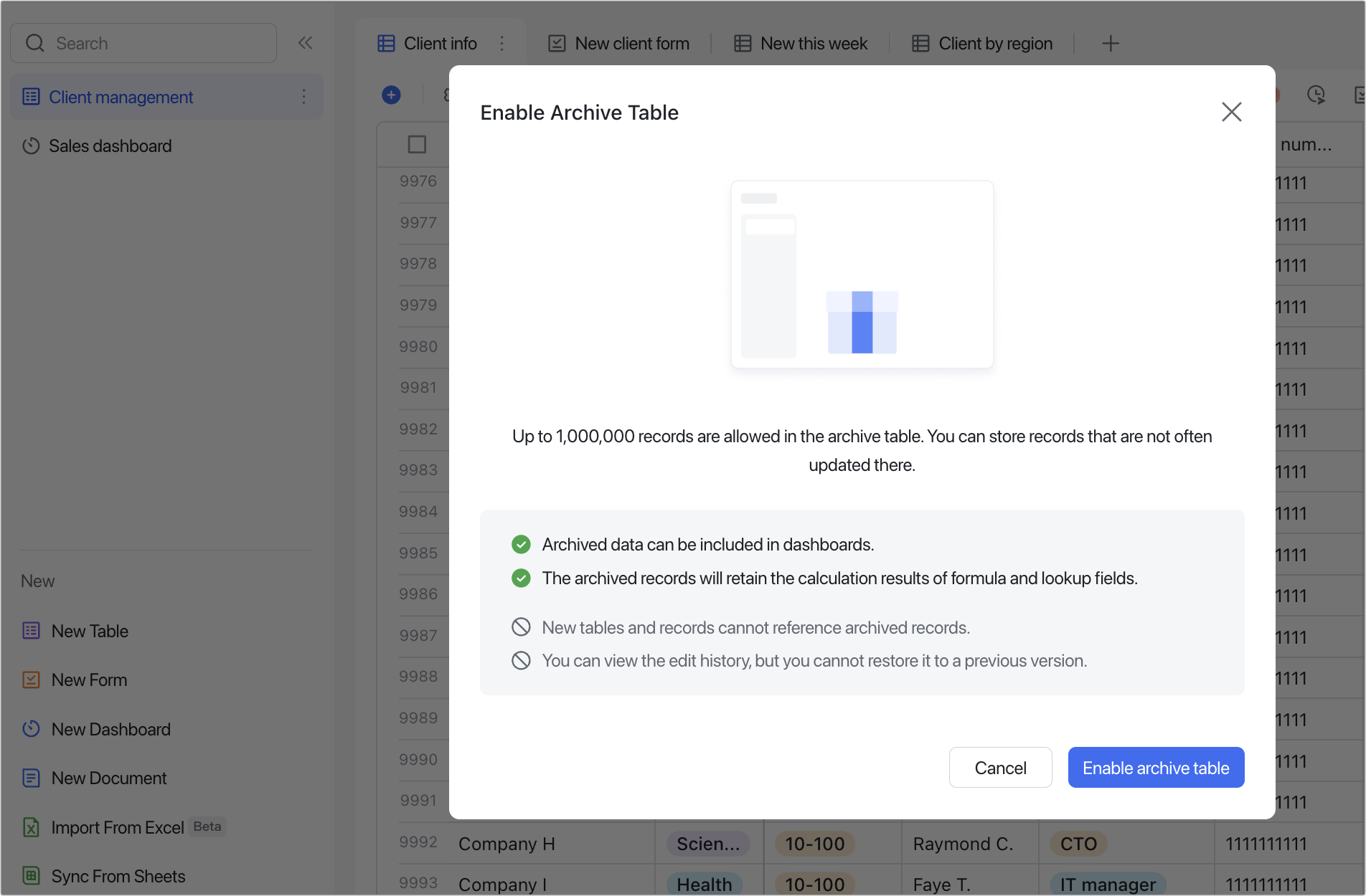 Archive records in Base (up to 1 million records)