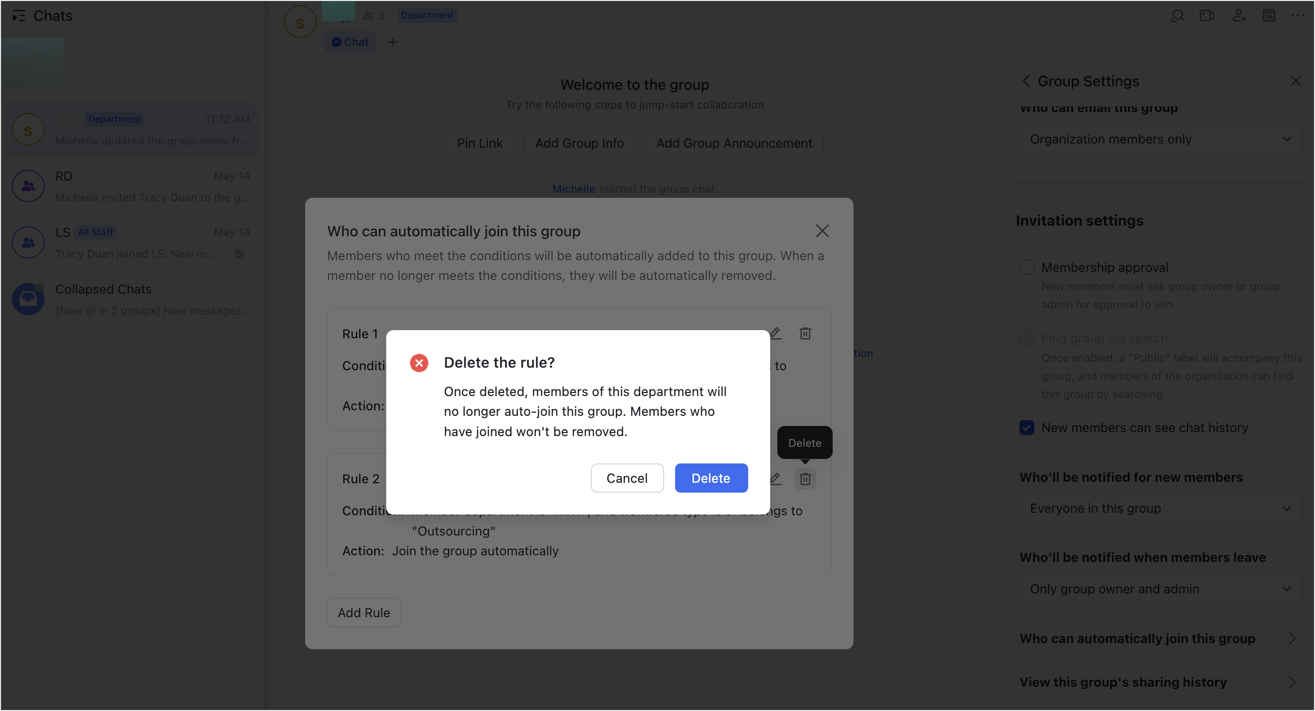 Create rules for department members to automatically join a group chat