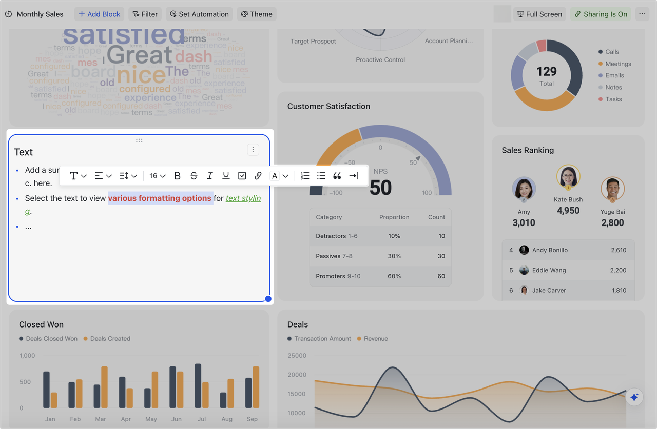 Use text blocks in dashboards