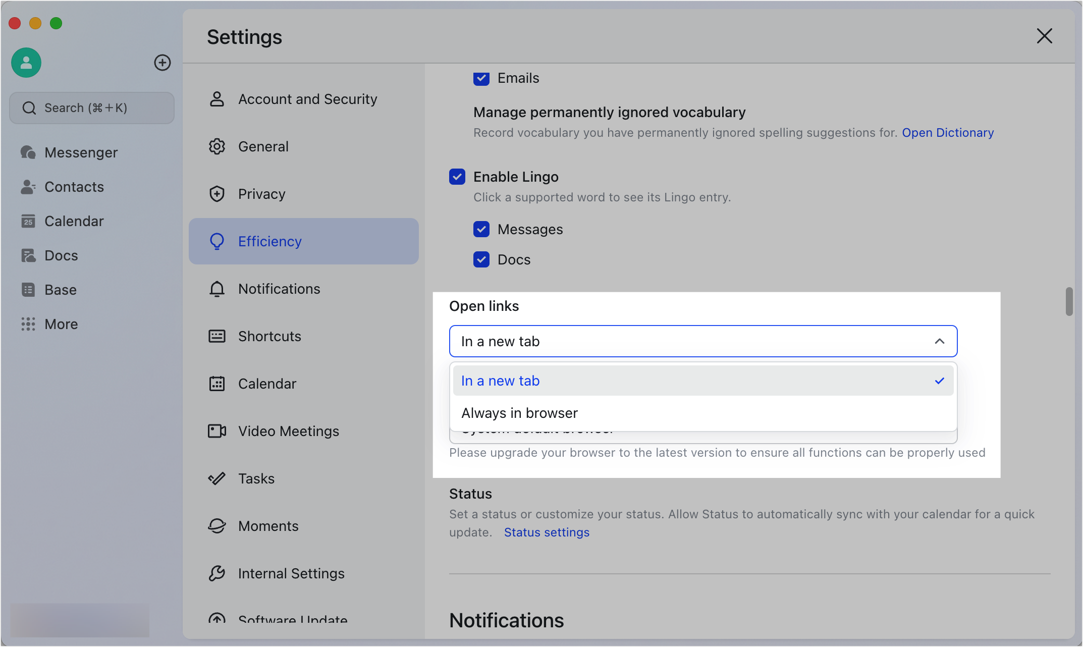 Set the open method for document links on the desktop app