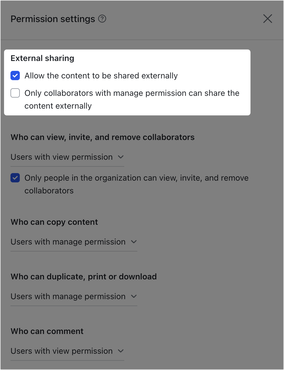 Set share, copy, download, and comment permissions for documents