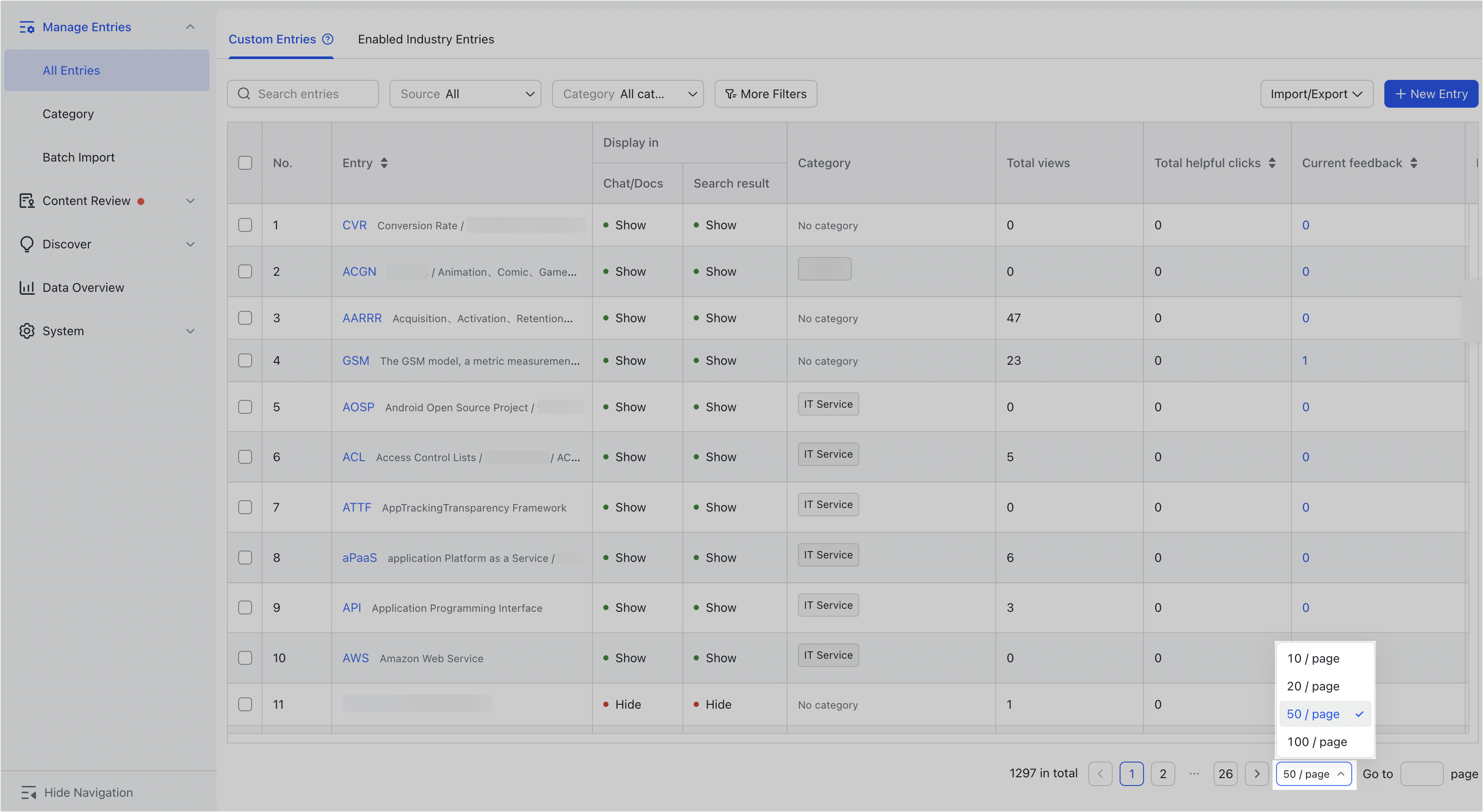 View and manage all Lingo entries