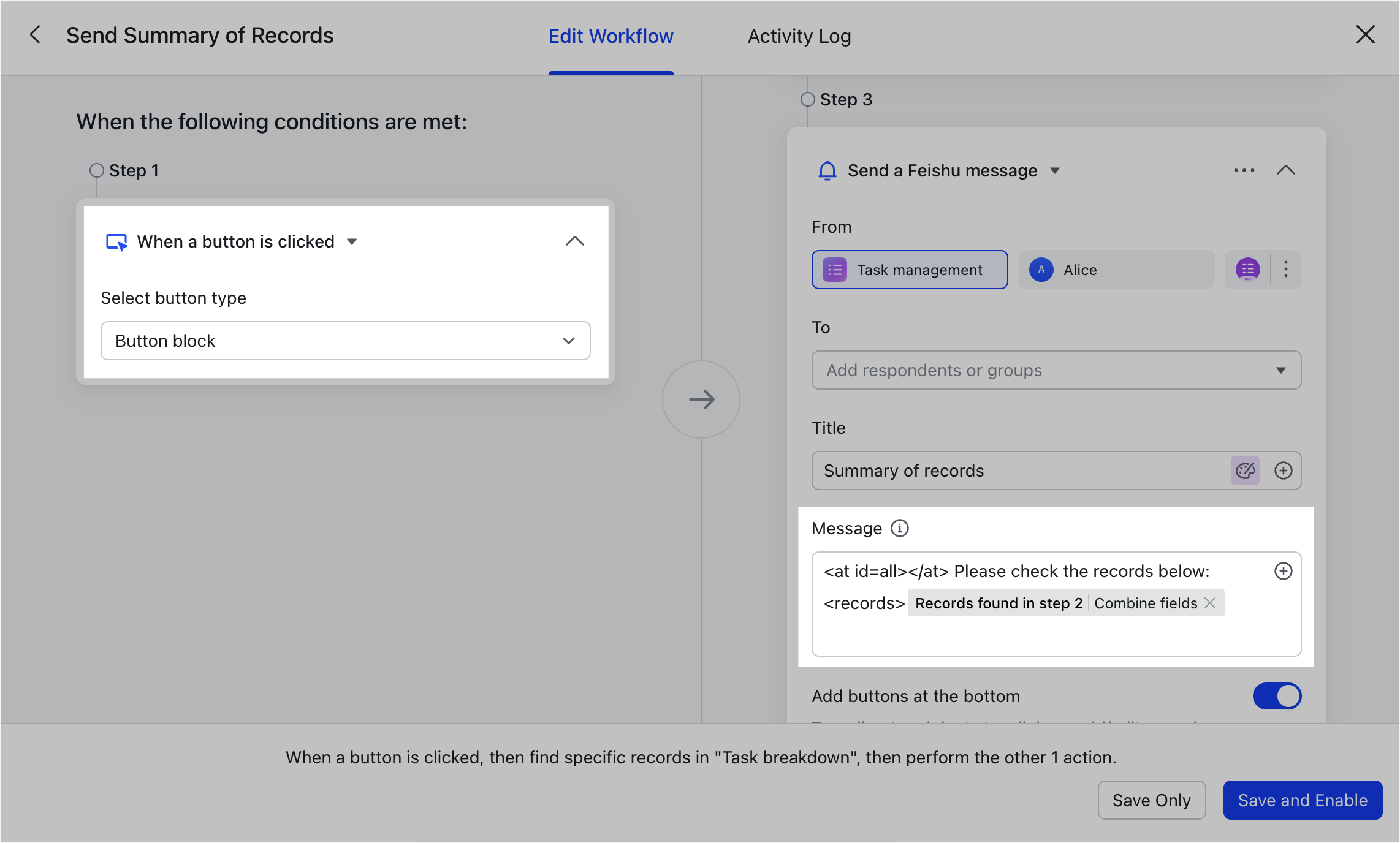 Use button blocks in Base dashboards